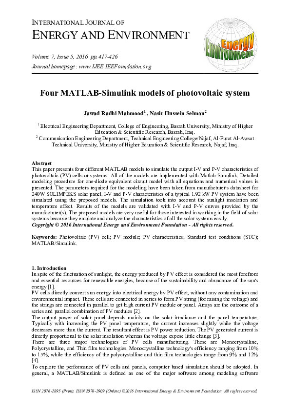 (PDF) Four MATLAB-Simulink models ofphotovoltaic system