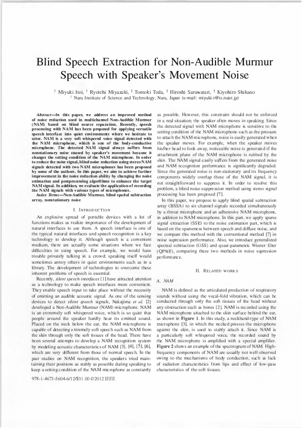 (PDF) Blind speech extraction for non-audible murmur speech with speaker's movement noise ...
