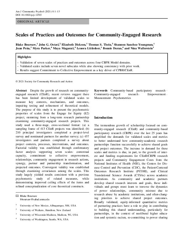 (PDF) Scales of Practices and Outcomes for Community-Engaged Research