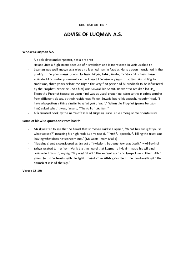 (PDF) Khutbah Outline: ADVISE OF LUQMAN A.S