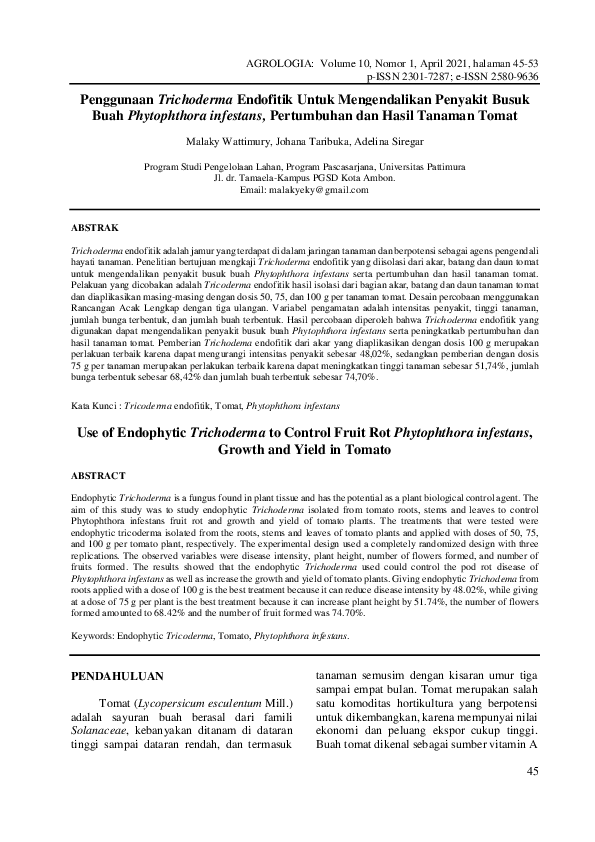 (PDF) Use of Endophytic Trichoderma to Control Fruit Rot Phytophthora infestans, Growth and ...