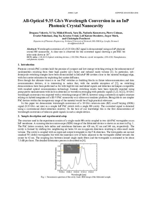 (PDF) All-optical 9.35 Gb/s wavelength conversion in an InP photonic crystal nanocavity