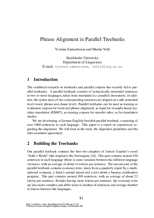 (PDF) Phrase Alignment in Parallel Treebanks