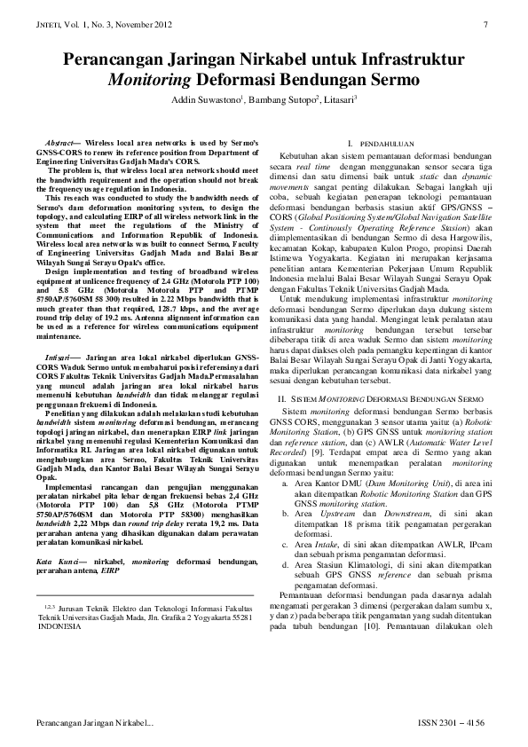 (PDF) Perancangan Jaringan Nirkable Untuk Infrastrukturmonitoring Deformasi Bendungan Sermo