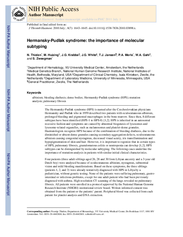 (PDF) Hermansky-Pudlak syndrome: the importance of molecular subtyping ...