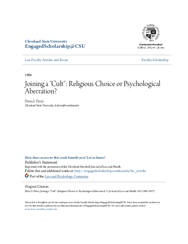 (PDF) Joining a Cult: Religious Choice or Psychological Aberration