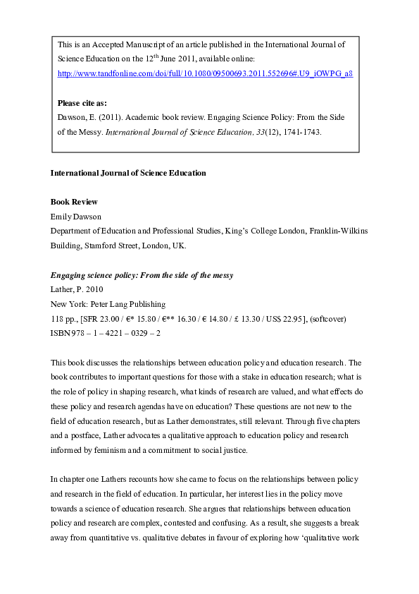 (PDF) Engaging Science Policy: From the Side of the Messy
