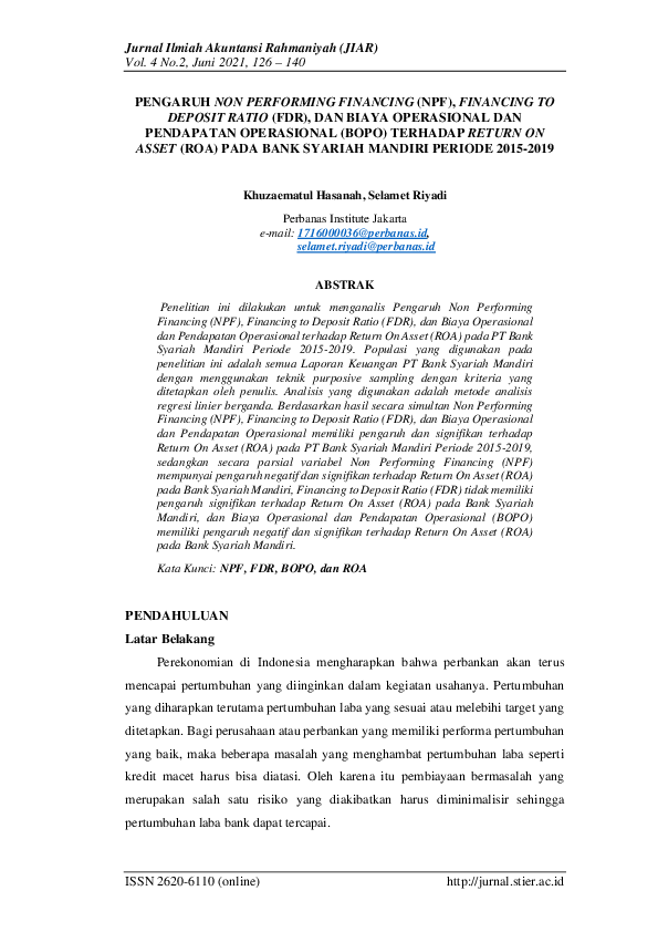 (PDF) Pengaruh Non Performing Financing (NPF), Financing to Deposit Ratio (FDR), Dan Biaya ...