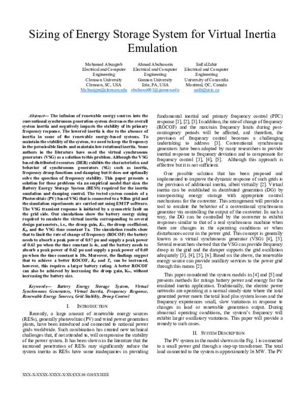 (PDF) Sizing of Energy Storage System for Virtual Inertia Emulation
