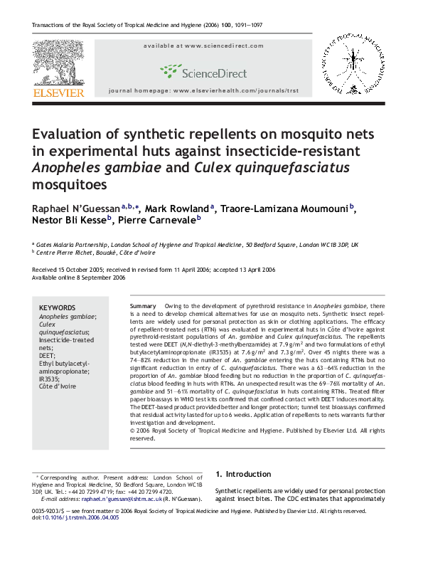 (PDF) Evaluation of synthetic repellents on mosquito nets in experimental huts against ...