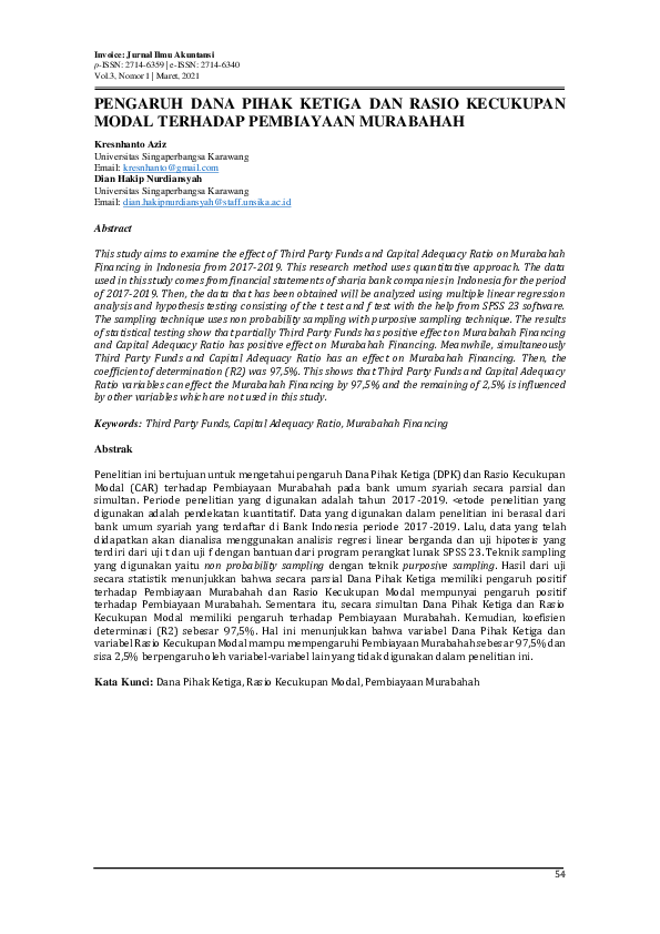 (PDF) Pengaruh Dana Pihak Ketiga Dan Rasio Kecukupan Modal Terhadap Pembiayaan Murabahah