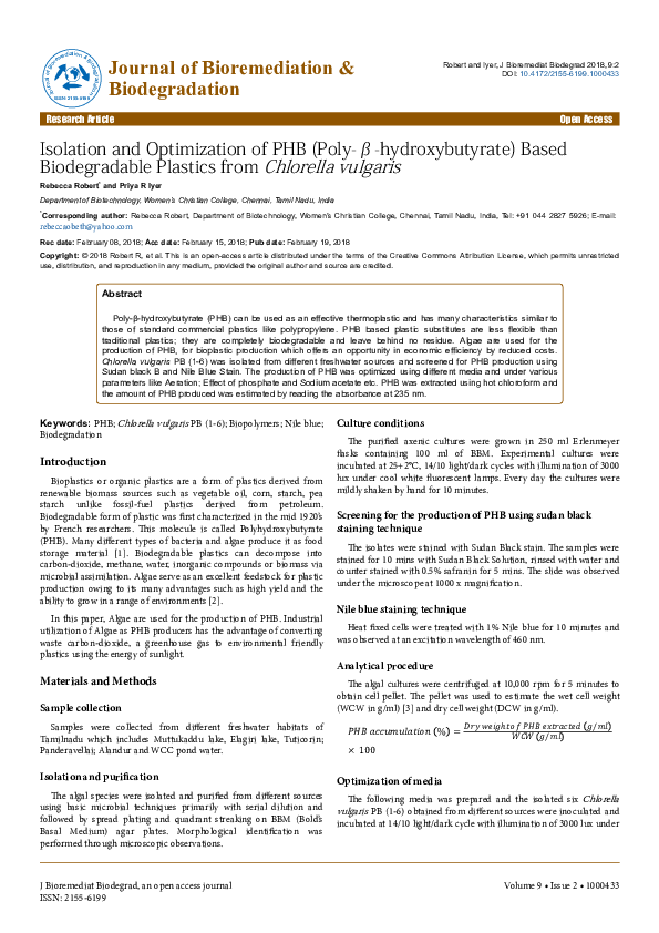 (PDF) Isolation and Optimization of PHB (Poly-β-hydroxybutyrate) Based ...