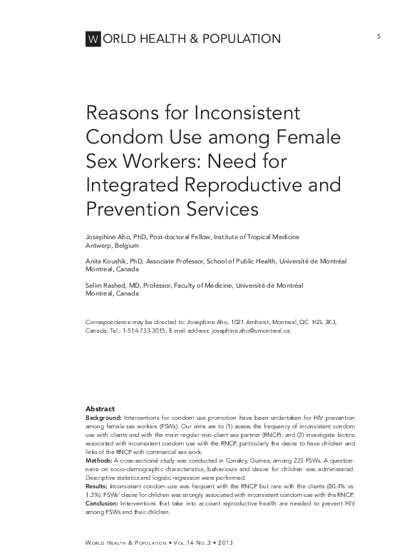 Pdf Reasons For Inconsistent Condom Use Among Female Sex Workers Need For Integrated