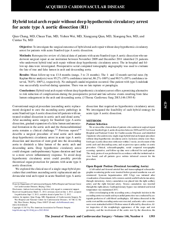 (PDF) Hybrid total arch repair without deep hypothermic circulatory ...