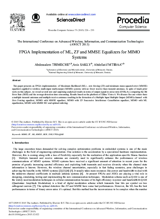 Pdf Fpga Implementation Of Ml Zf And Mmse Equalizers For Mimo Systems