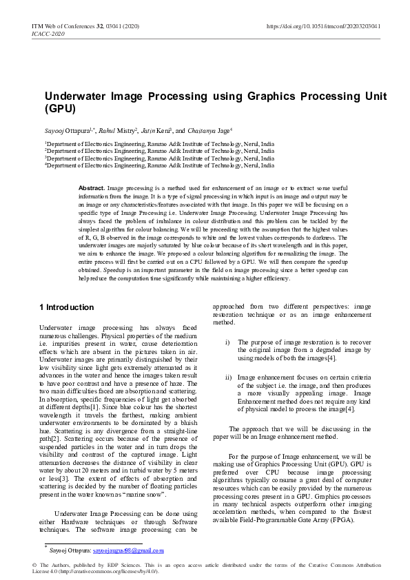 (PDF) Underwater Image Processing using Graphics Processing Unit (GPU)