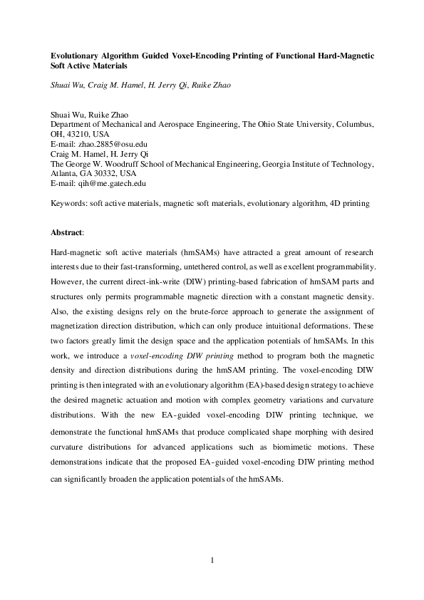 (PDF) Evolutionary Algorithm‐Guided Voxel‐Encoding Printing of Functional Hard‐Magnetic Soft ...