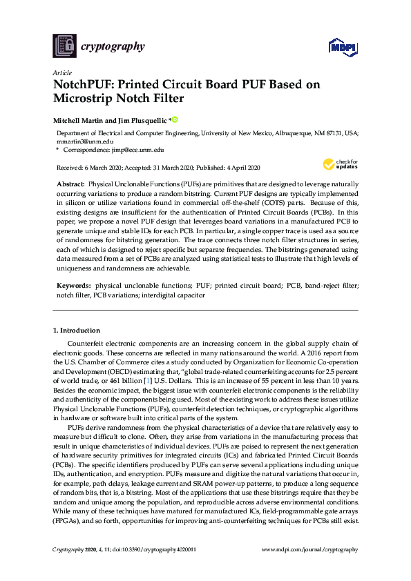 (PDF) NotchPUF: Printed Circuit Board PUF Based on Microstrip Notch Filter