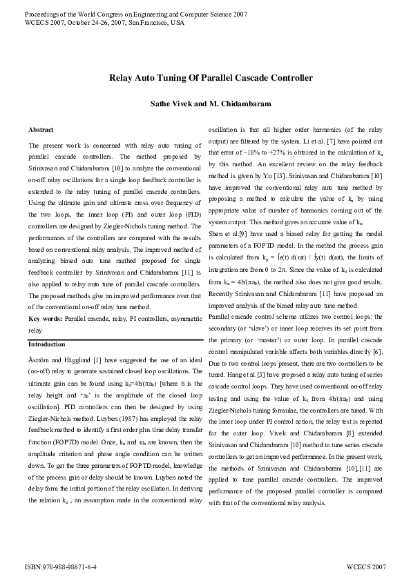 (PDF) Relay Auto Tuning Of Parallel Cascade Controller
