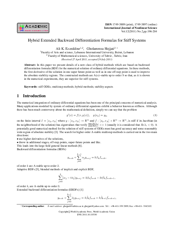 (PDF) Hybrid Extended Backward Differentiation Formulas for Stiff Systems