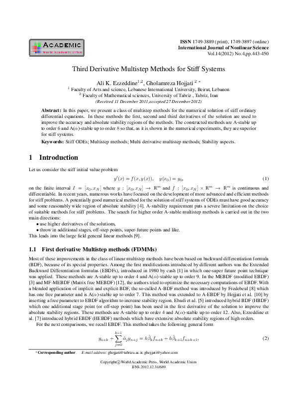 Pdf Third Derivative Multistep Methods For Stiff Systems