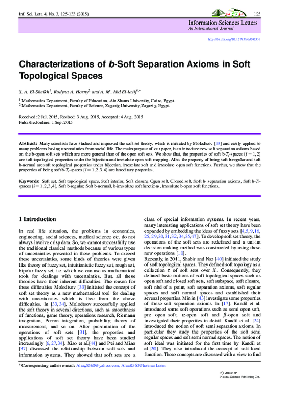 (PDF) Characterizations of b-Soft Separation Axioms in Soft Topological Spaces