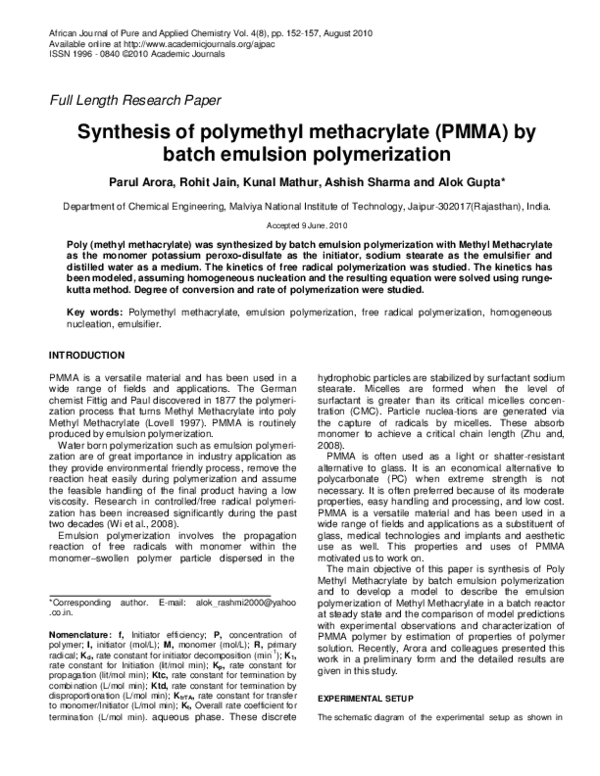 (PDF) Synthesis of polymethyl methacrylate (PMMA) by batch emulsion ...