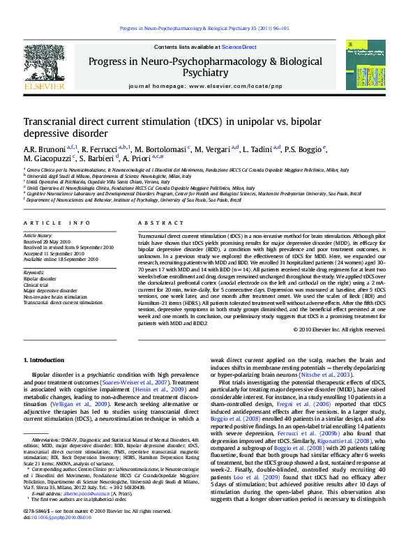 (PDF) Transcranial direct current stimulation (tDCS) in unipolar vs ...
