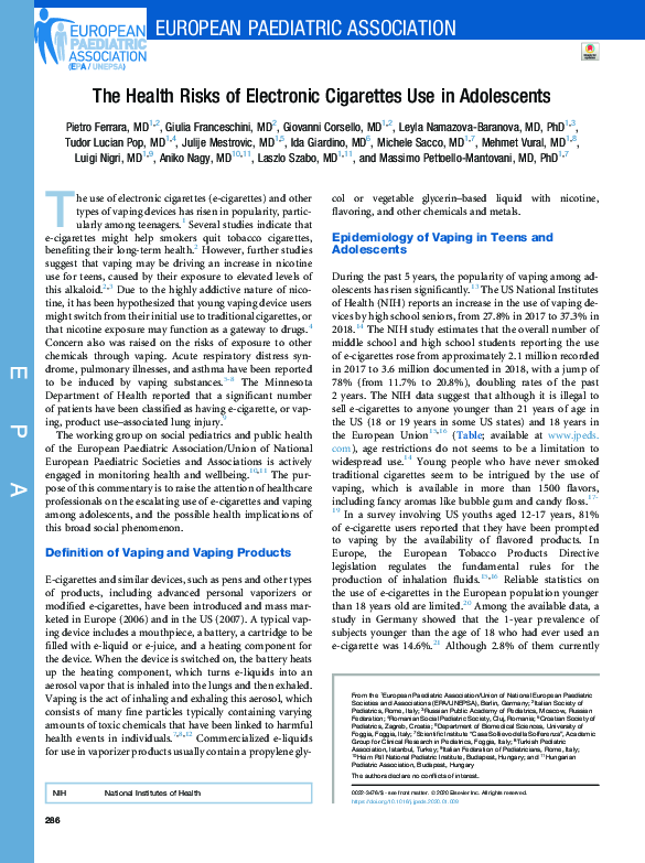 (PDF) The Health Risks of Electronic Cigarettes Use in Adolescents