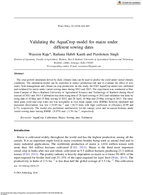 (PDF) Validating the AquaCrop model for maize under different sowing dates