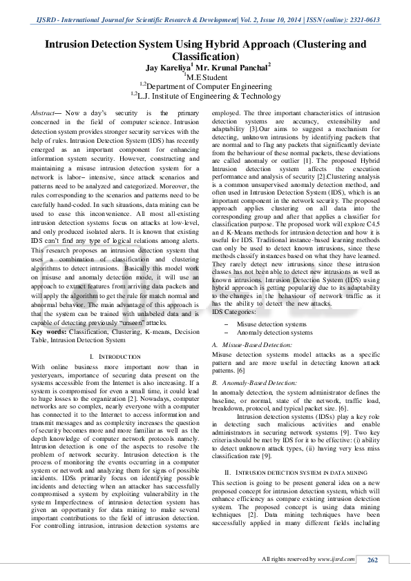 Pdf Intrusion Detection System Using Hybrid Approach Clustering And