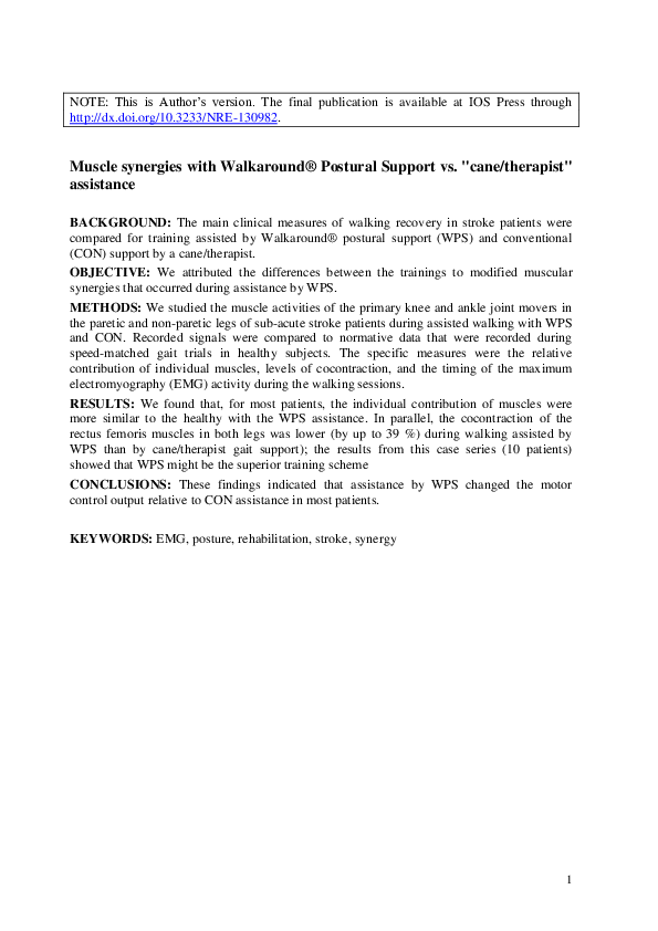 (PDF) Muscle synergies with Walkaround® postural support vs cane ...