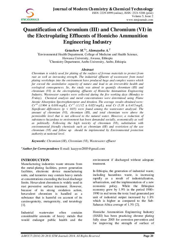 Pdf Quantification Of Chromium Iii And Chromium Vi In The Electroplating Effluents Of