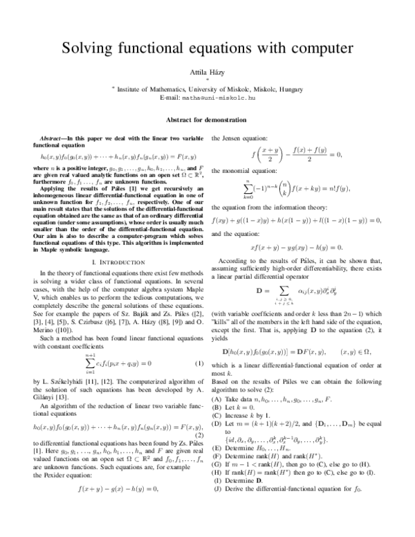 (PDF) Solving functional equations with computer