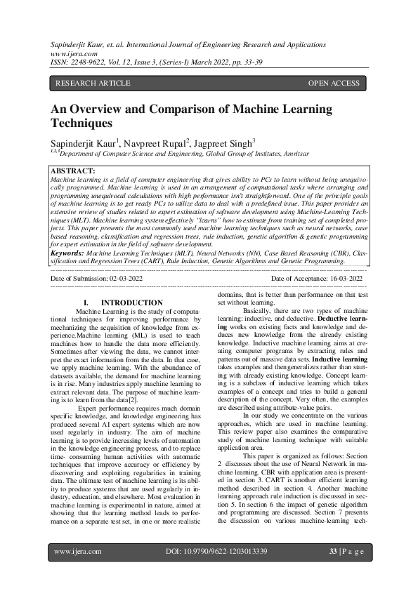 (PDF) An Overview and Comparison of Machine Learning Techniques