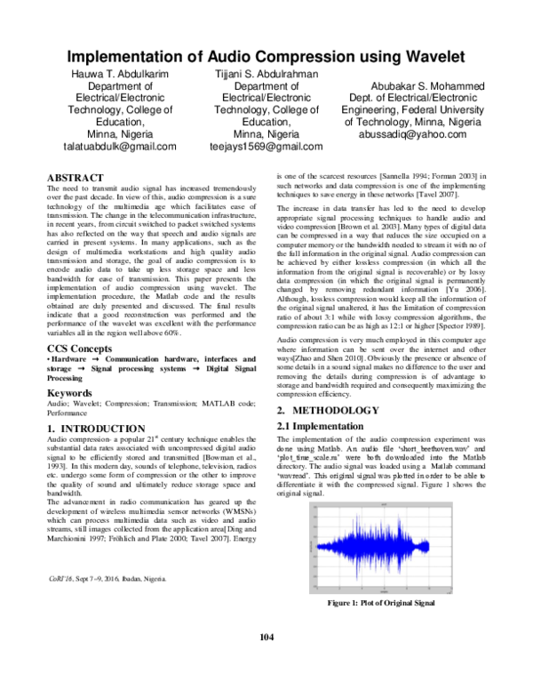 Pdf Implementation Of Audio Compression Using Wavelet