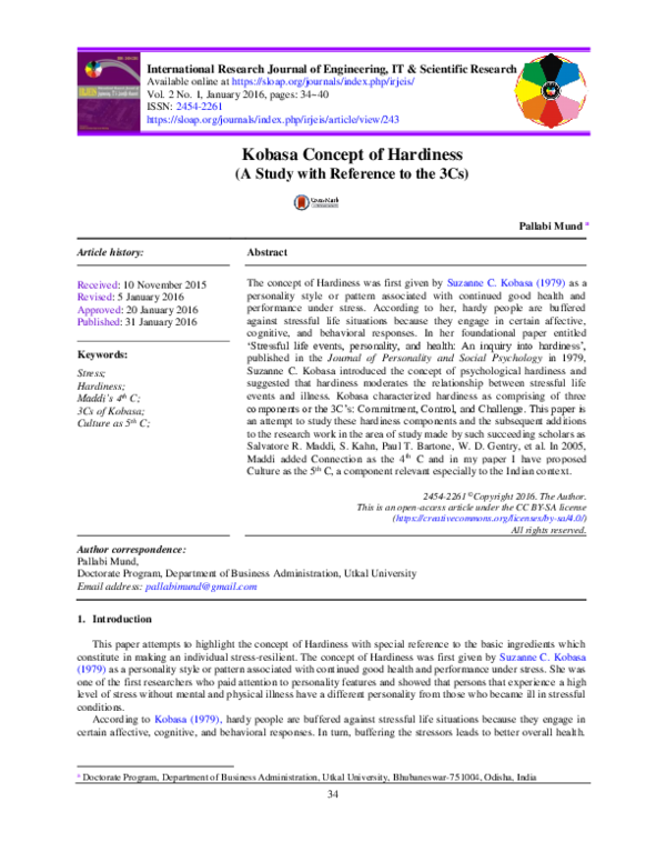(PDF) Kobasa Concept of Hardiness ( A Study with Reference to the 3 Cs )