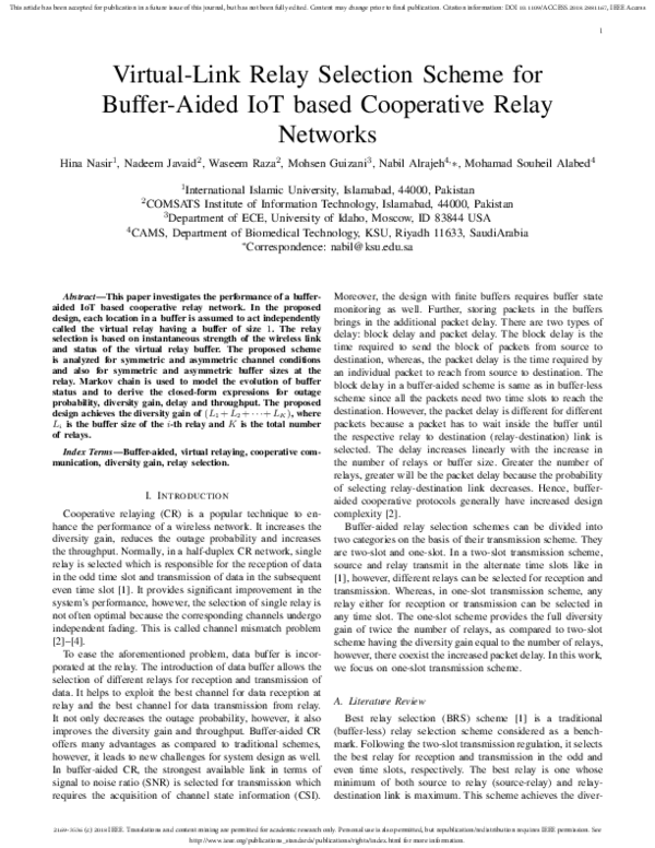 Pdf Virtual Link Relay Selection Scheme For Buffer Aided Iot Based