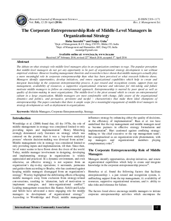 (PDF) The Corporate Entrepreneurship Role of Middle-Level Managers in ...