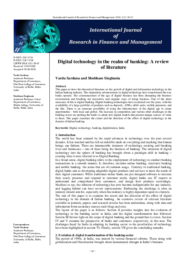 (PDF) Digital technology in the realm of banking: A review of literature