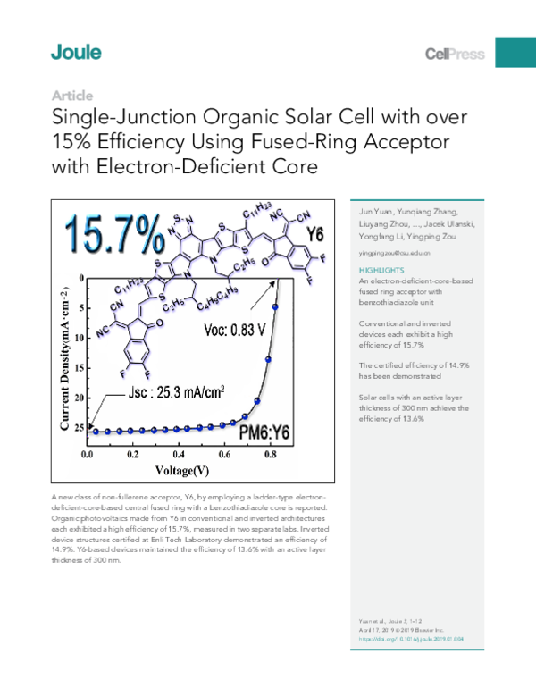 (PDF) Single-Junction Organic Solar Cell with over 15% Efficiency Using ...