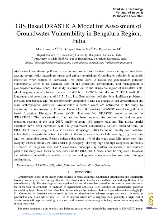 (PDF) GIS Based DRASTICA Model for Assessment of Groundwater Vulnerability in Bengaluru Region ...