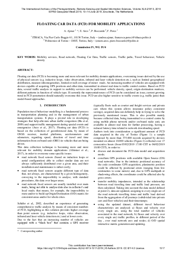(PDF) Floating Car Data (FCD) for Mobility Applications
