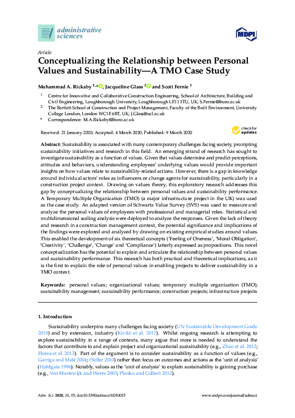 (PDF) Conceptualizing the Relationship between Personal Values and Sustainability-A TMO Case Study