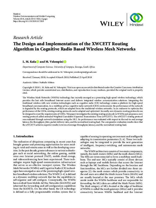 (PDF) xWCETT Routing for Cognitive Radio Mesh Networks