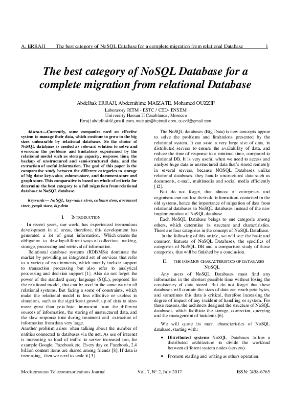 (PDF) The best category of NoSQL Database for a complete migration from relational Database 1 ...