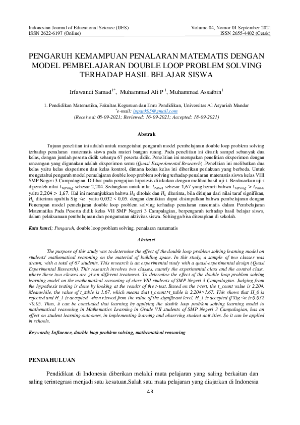 (PDF) Pengaruh Kemampuan Penalaran Matematis Dengan Model Pembelajaran Double Loop Problem ...