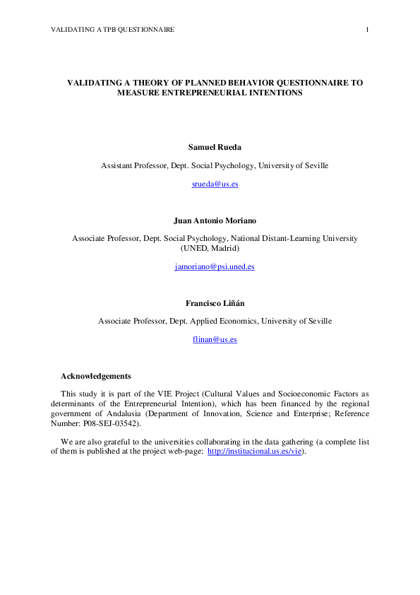 (PDF) Validating a theory of planned behavior questionnaire to measure entrepreneurial intentions
