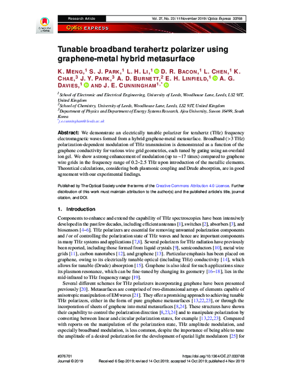 (PDF) Tunable broadband terahertz polarizer using graphene-metal hybrid metasurface