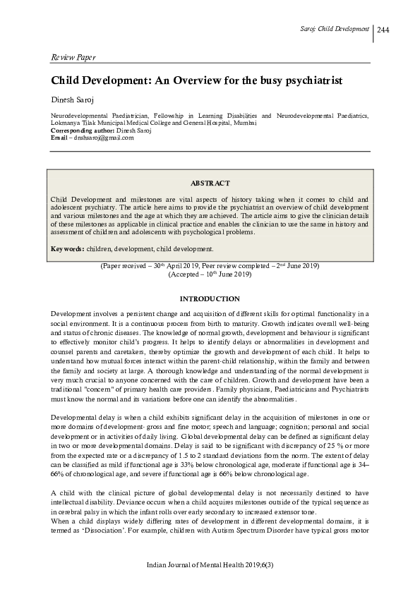 (PDF) Child Development: An Overview for the busy psychiatrist | dinesh ...